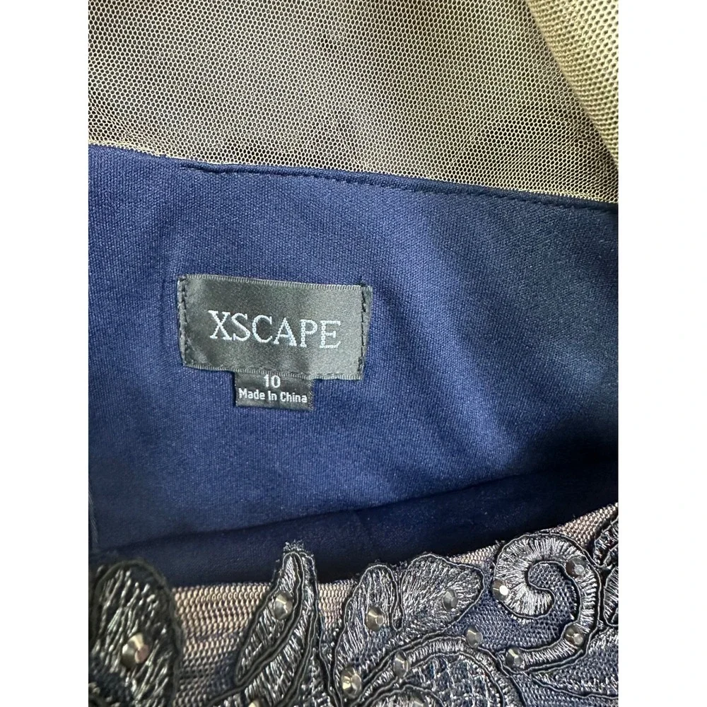 Xscape | Dresses | Xscape Navy Blue Silver Embroidered Rhinestone ...